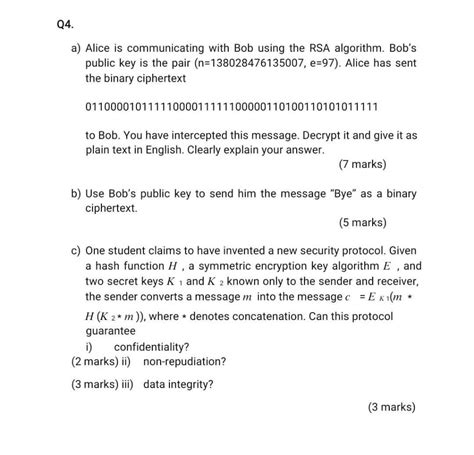 Solved Q A Alice Is Communicating With Bob Using The RSA Chegg