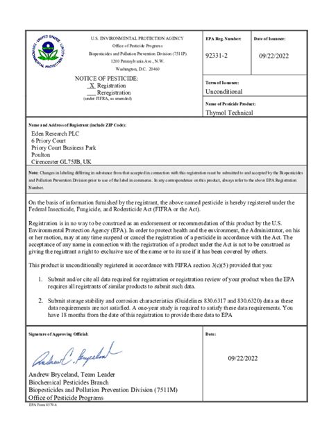 Fillable Online Us Epa Pesticide Product Label Thymol Technical0922