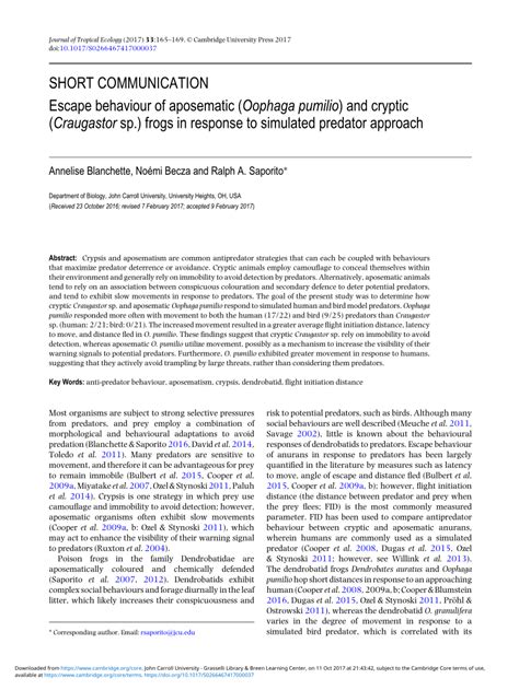 Pdf Escape Behaviour Of Aposematic Oophaga Pumilio And Cryptic Craugastor Sp Frogs In