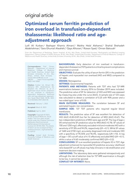 Pdf Optimized Serum Ferritin Prediction Of Iron Overload In Transfusion Dependent Thalassemia