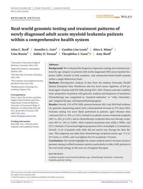 Pdf Real World Genomic Testing And Treatment Patterns Of Newly Diagnosed Adult Acute Myeloid