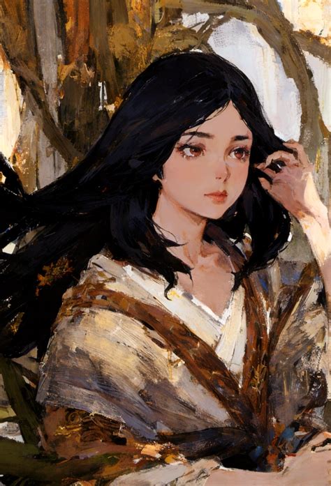 검은 머리와 갈색 눈을 가진 소녀 환경에서 재스민으로 둘러싸인 반신 Seaart Ai