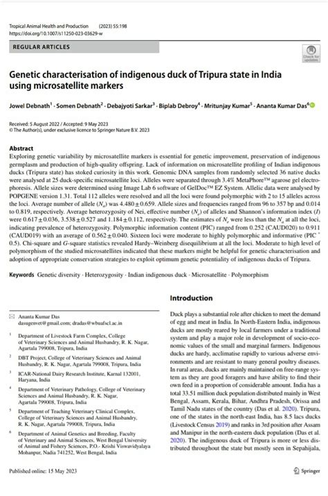 Pdf Genetic Characterization Of Indigenous Duck Of Tripura State In India Using Microsatellite