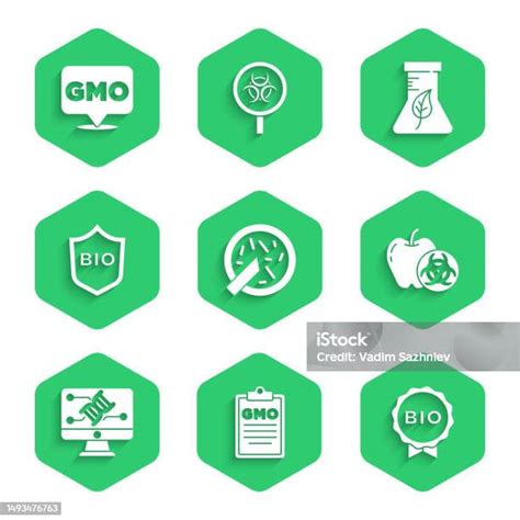 박테리아 Gmo 바이오 건강 식품 라벨 유전자 변형 사과 엔지니어링 수정 방패 시험관 및 플라스크 및 아이콘이 있는 페트리 접시를 설정합니다 벡터 0명에 대한 스톡 벡터