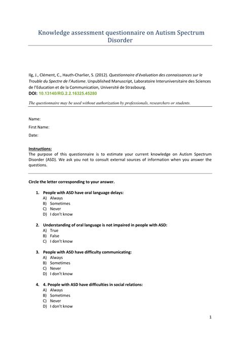 Pdf Knowledge Assessment Questionnaire On Autism Spectrum Disorder
