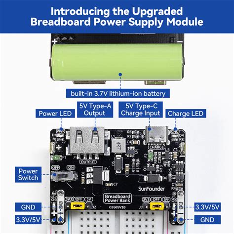 Sunfounder Breadvolt Breadboard Power Supply Module Built In Rechargeble Battery Compatible With