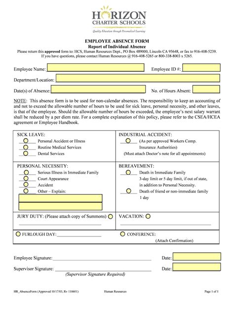 Fillable Online Employee Absence Form Report Of Individual Absence