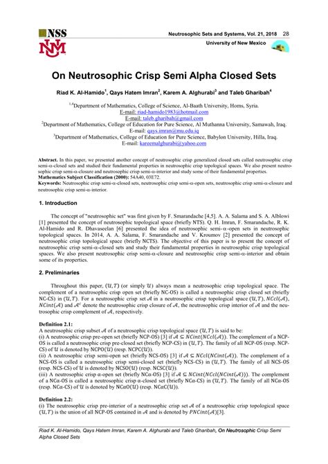 Pdf On Neutrosophic Crisp Semi Alpha Closed Sets