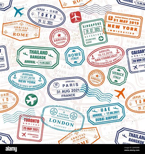Seamless Pattern Passport Stamps Cool Travel Passport Stamps Vector