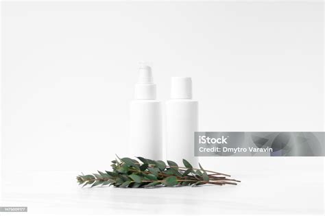흰색 화장품 디스펜서 모형과 유칼립투스 분기가 흰색 배경에 있습니다 크림 젤 강장제 클렌저 로션 및 기타 전문 화장품 제품 프레젠테이션 0명에 대한 스톡 사진 및 기타