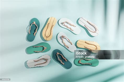 여름 플립 플롭 미적 플랫 레이 최소한의 사각형 패턴 생생한 색상의 해변 신발 평면도 정물 여성 슬라이드 샌들 많은 신발 여름 해변 휴가 개념 야자수 잎 그림자 0명에 대한