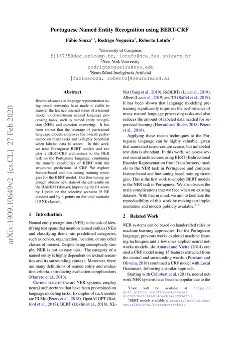 Pdf Portuguese Named Entity Recognition Using Bert Crf