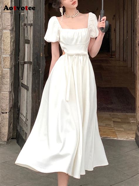 Aotvotee 여성용 퍼프 소매 스퀘어 칼라 드레스 우아한 미디 드레스 시크 스위트 보우 반팔 화이트 드레스 2023 신상 패션 Aliexpress