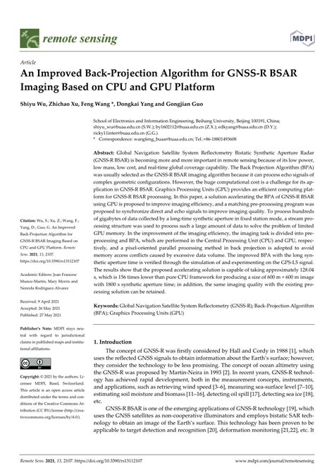 Pdf An Improved Back Projection Algorithm For Gnss R Bsar Imaging Based On Cpu And Gpu Platform