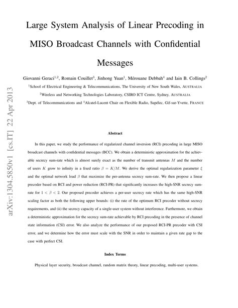 Pdf Large System Analysis Of Linear Precoding In Miso Broadcast
