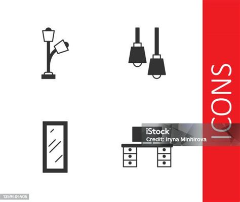 사무실 책상 플로어 램프 큰 전체 길이 거울 및 램프 매달려 아이콘을 설정합니다 벡터 가구에 대한 스톡 벡터 아트 및 기타