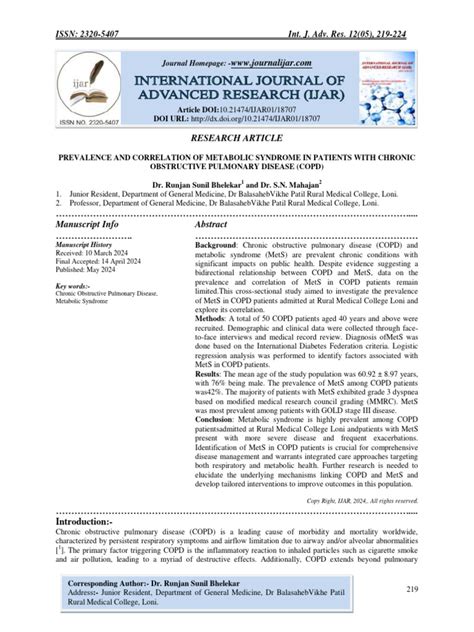 Prevalence And Correlation Of Metabolic Syndrome In Patients With Chronic Obstructive Pulmonary