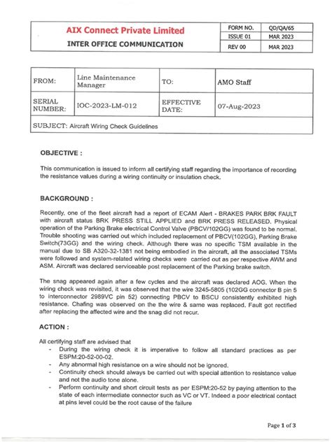 Ioc 2023 Lm 012 Aircraft Wiring Check Guidlines Issue 01 Rev 00 Dated