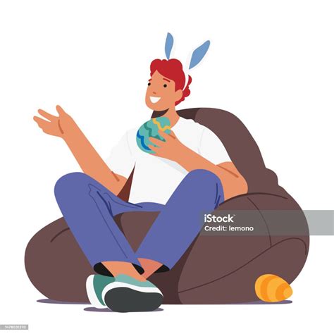 토끼 귀를 가진 젊은 남자가 부활절 휴일 축하를 위해 장식된 달걀을 들고 흰색으로 분리된 콩 가방에 앉아 있다 가방에 대한 스톡 벡터 아트 및 기타 이미지 Istock