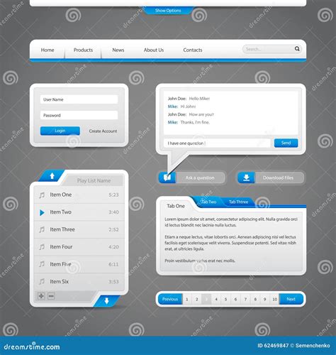 Web Ui Controls Elements Gray And Blue On Dark Background Navigation Bar Buttons Login Form