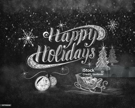 해피 홀리데이 인사말 카드 레터링 브러시 분필 칠판에 분필로 그려진 아늑한 눈 장면 손 검은색에 대한 스톡 벡터 아트 및 기타 이미지 검은색 겨울 계절 Istock