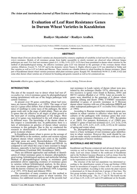 Pdf Evaluation Of Leaf Rust Resistance Genes In Durum Wheat Varieties In Kazakhstan