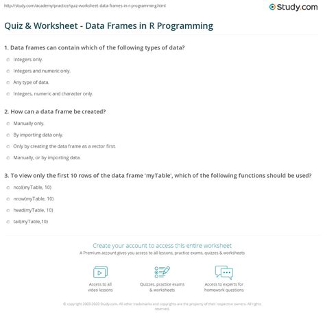 Quiz And Worksheet Data Frames In R Programming