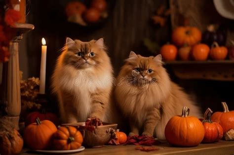 Halloween Pumpkin Jack O Lantern And Cats Ai Generated Stock