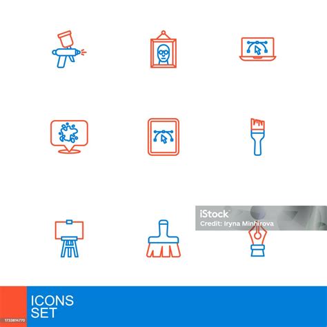 라인 만년필 펜촉 페인트 브러시 나무 이젤 스프레이 디자인 프로그램이 있는 컴퓨터 및 그림 아이콘을 설정합니다 벡터 개념에 대한 스톡 벡터 아트 및 기타 이미지 Istock