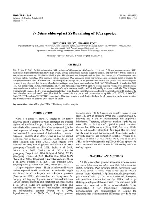 Pdf In Silico Chloroplast Ssrs Mining Of Olea Species