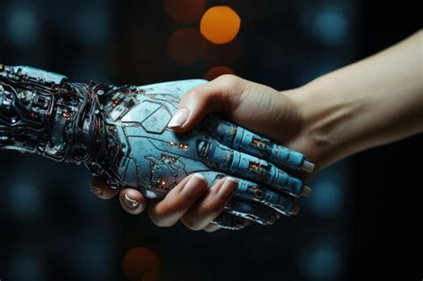 Premium Photo Unity Robot Ai And Human Handshake On Background