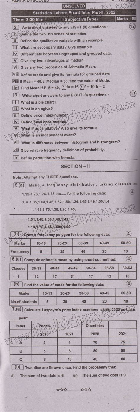 Past Paper 2022 Lahore Board Inter Part Ii Business Statistics Group I Subjective English Medium