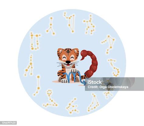 전갈 자리 조디악 기호 점성술 기호 아이콘 벡터 만화 일러스트 별자리와 동부 새해와 호랑이 새끼 0명에 대한 스톡 벡터 아트 및