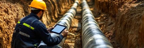 Engineer Inspects Pipeline Installation Using Technology For