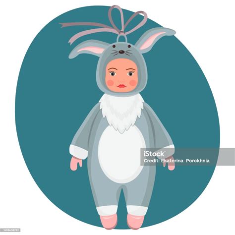 토끼 의상을 입은 아이를 크리스마스 장난감으로 삼는다 복고풍 스타일의 크리스마스 트리 장식 겨울 방학 및 축하의 개념 벡터 그림입니다 12월에 대한 스톡 벡터 아트 및 기타