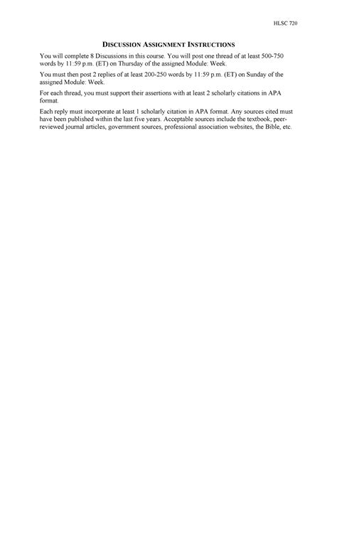 discussion assignment instructions hlsc 720 discussion assignment