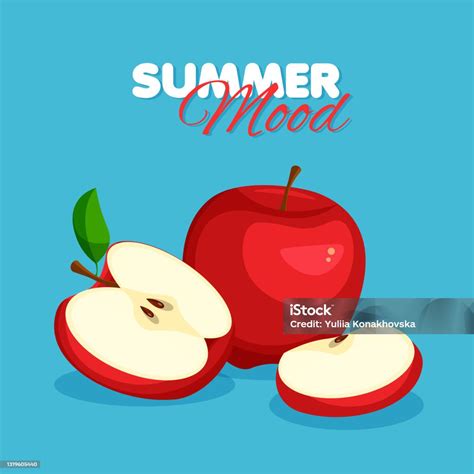 파란색 배경에 고립 된 빨간색 사과의 슬라이스와 절반의 여름 배너 감정에 대한 스톡 벡터 아트 및 기타 이미지 감정 개체