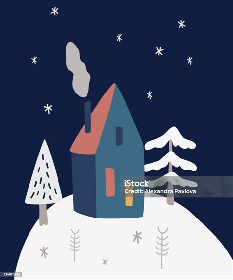 겨울 집과 크리스마스 트리크리스마스 카드 풍경화 겨울 휴일 자연 디자인 인사말 카드 템플릿 프레임 아늑한 겨울 벡터 Xmas