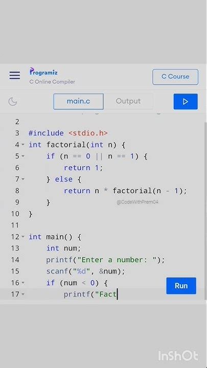 C Program Factorial Of A Given Number Shortvideo Shorts Computerprogramming Codewithprem