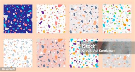 다채로운 베네치아 테라조 모방 매끄러운 돌 조각 패턴의 세트 컬렉션 모던한 미니멀한 트렌디한 바닥 타일 추상적 배경 개체 그룹에 대한 스톡 벡터 아트 및 기타 이미지