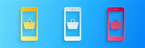 종이 는 파란색 배경에 고립 된 휴대 전화와 쇼핑 바구니 아이콘을 잘라 온라인 구매 기호 슈퍼마켓 바구니 기호 종이 아트 스타일 벡터 개념에 대한 스톡 벡터 아트 및 기타
