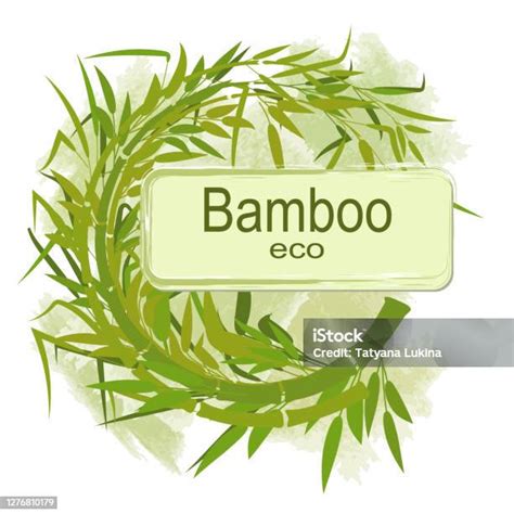 수채화 배경에 대나무 줄기와 잎으로 만든 둥근 장식 프레임 텍스트 또는 로고에 대한 기호입니다 흑백 벡터 일러스트레이션 레터링