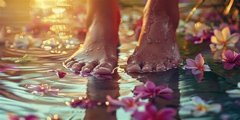 Persons Feet Submerged In Water With Flowers Premium Ai Generated Image
