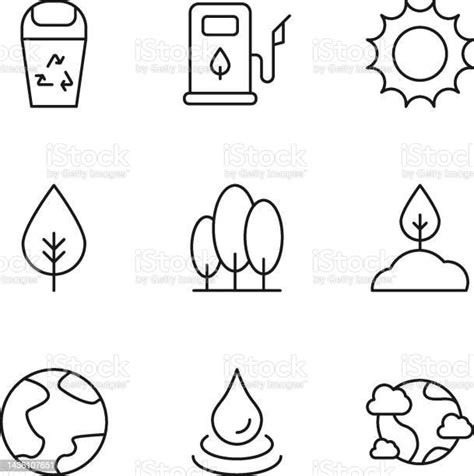 웹 사이트 광고 기사 상점 상점에 대한 격리 된 벡터 라인 아이콘의 컬렉션 편집 가능한 획 쓰레기 재활용 주유소 태양 잎 숲 지구 물의 징후 0명에 대한 스톡 벡터 아트 및