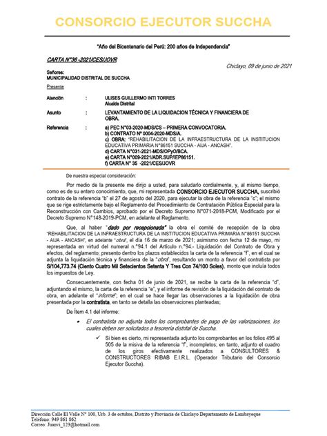 Carta De Levantamiento De Observaciones De Liquidacion Pdf
