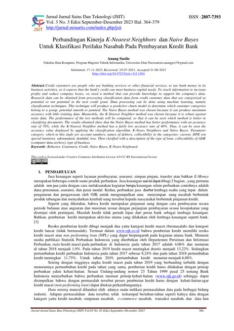 Pdf Perbandingan Kinerja K Nearest Neighbors Dan Naive Bayes Untuk