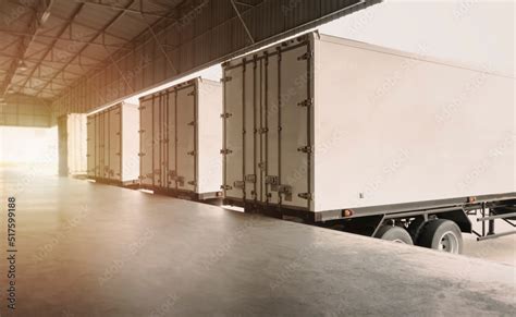 Cargo Container Trailer Trucks Parked Loading Dock At Dock Warehouse Shipping Trucks Cargo