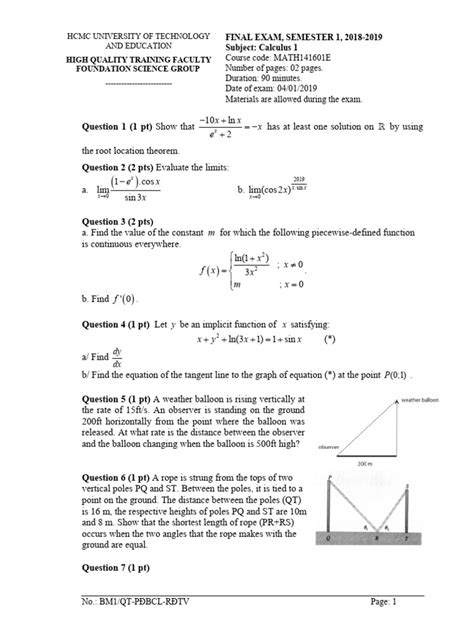 5 Calculus Final Test 2018 2019 Semester 1 Pdf Derivative