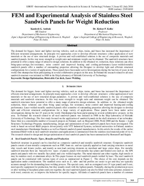 Pdf Fem And Experimental Analysis Of Stainless Steel Sandwich Panels For Weight Reduction