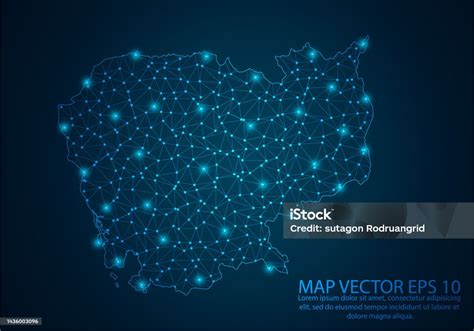 캄보디아지도가있는 어두운 배경에 추상적 인 매쉬 선과 포인트 스케일3d 메쉬 다각형 네트워크 라인 디자인 구체 점 및 구조 벡터